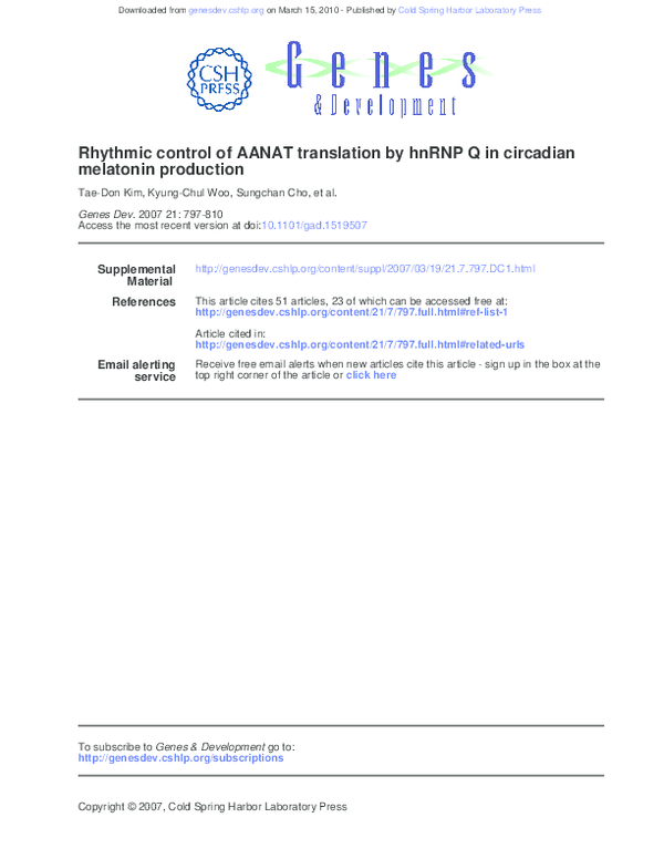(PDF) melatonin production Rhythmic control of AANAT translation by ...