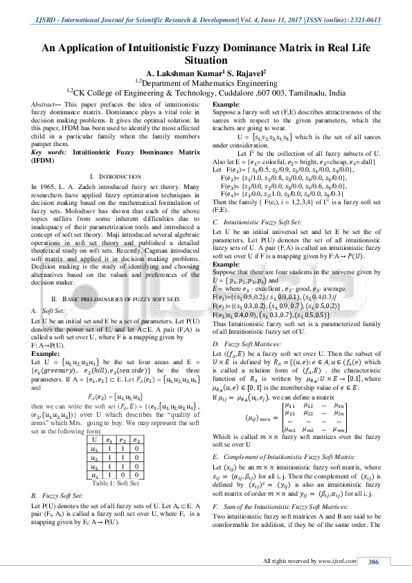(PDF) An Application of Intuitionistic Fuzzy Dominance Matrix in Real Life Situation
