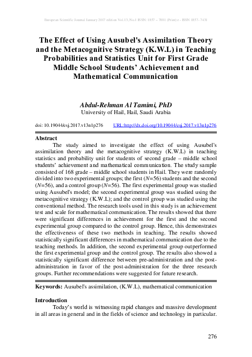 (PDF) The Effect of Using Ausubel's Assimilation Theory and the Metacognitive Strategy (K.W.L ...
