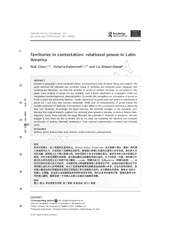 (PDF) Territories in contestation: relational power in Latin America ...