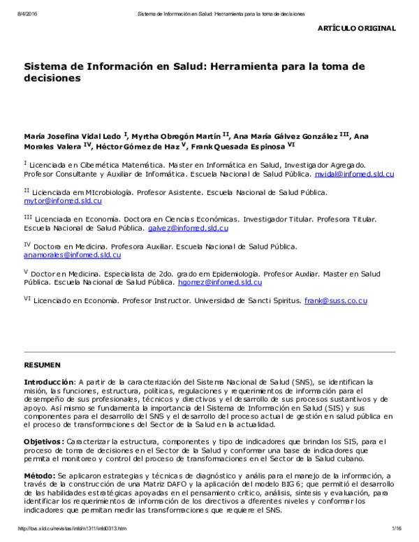 (PDF) Sistema de Informacion en Salud Herramienta para la toma de decisiones