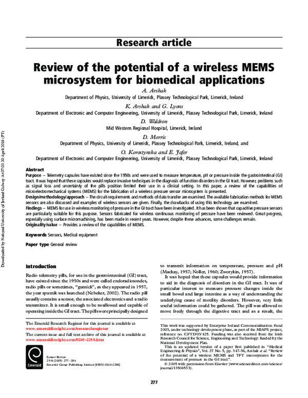 (PDF) Review of the potential of a wireless MEMS microsystem for ...