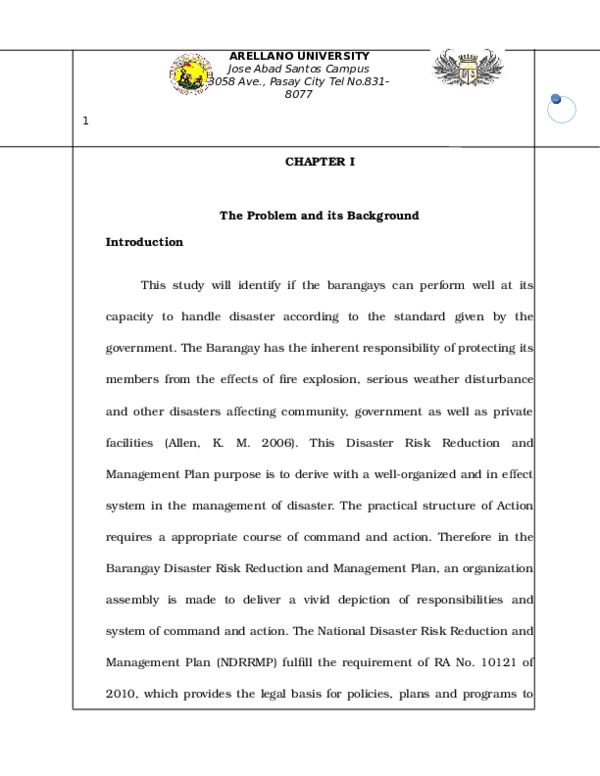 (DOC) Effectiveness of Risk Reduction Management in Selected Brgy.'s in ...