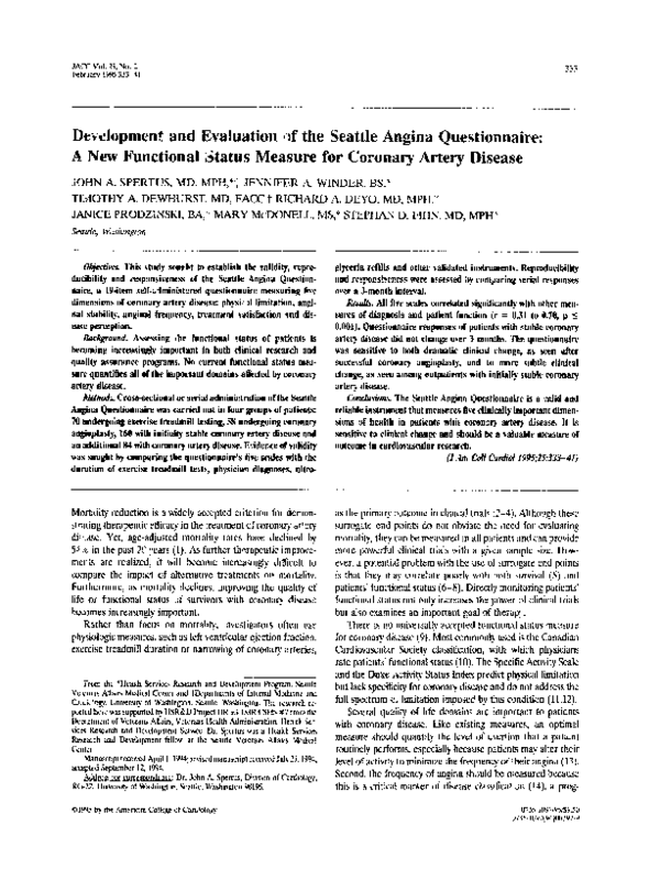 (PDF) Development and Evaluation I?f the Seattle Angina Questionnaire ...
