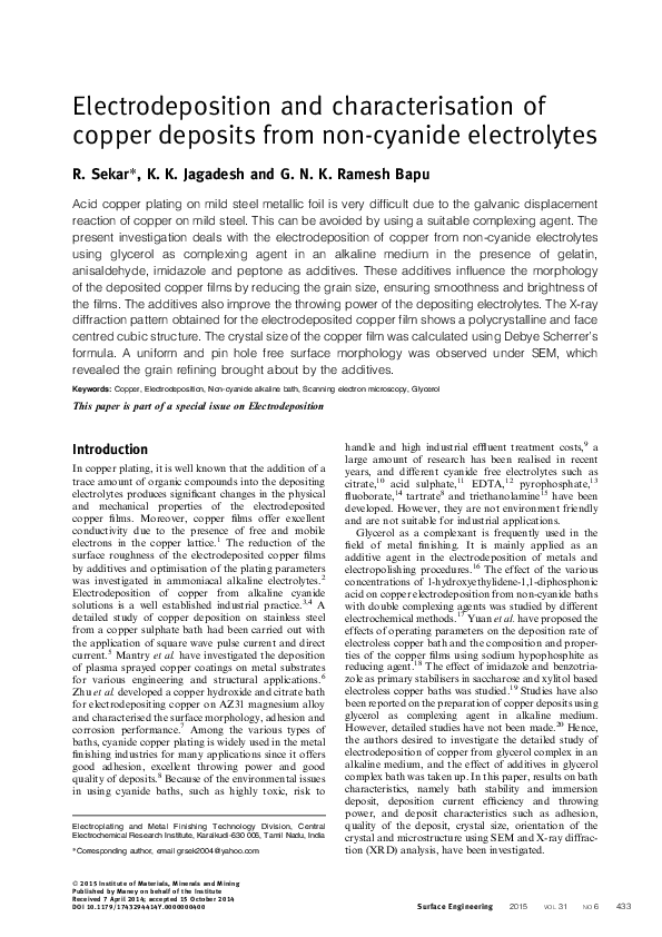 (PDF) Electrodeposition and characterisation of copper deposits from ...