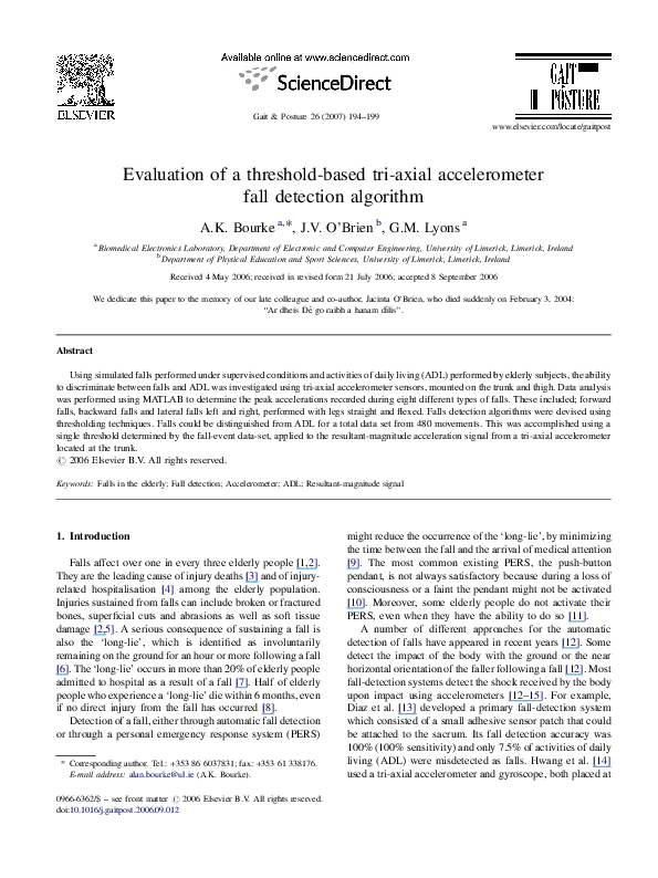 Pdf Evaluation Of A Threshold Based Tri Axial Accelerometer Fall Detection Algorithm