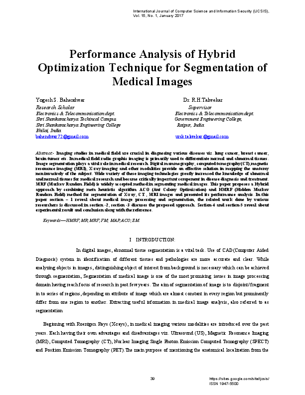 Pdf Performance Analysis Of Hybrid Optimization Technique For Segmentation Of Medical Images