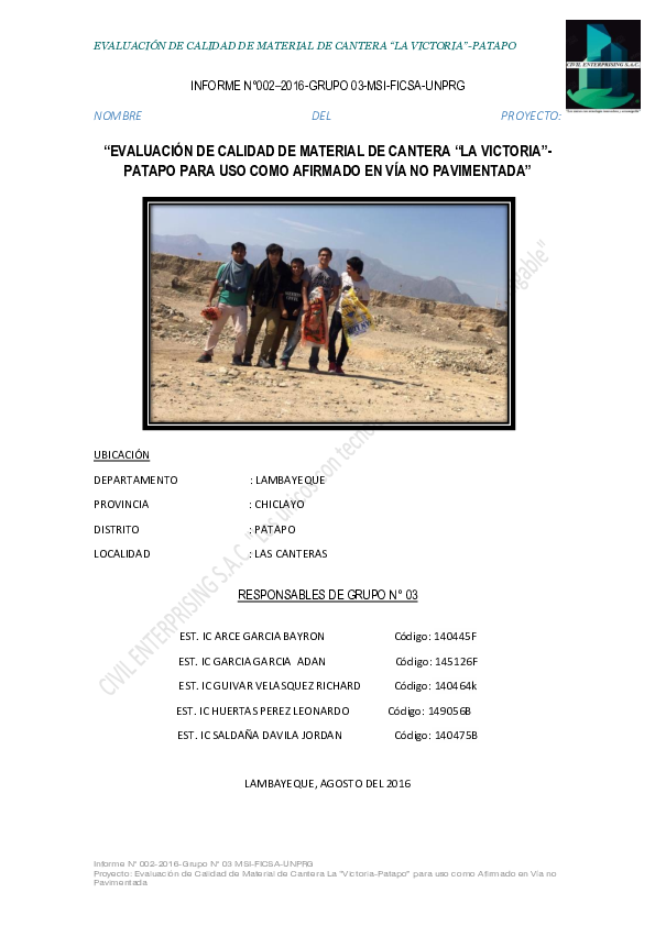 (PDF) EVALUACIÓN DE CALIDAD DE MATERIAL DE CANTERA " LA VICTORIA " -PATAPO " EVALUACIÓN DE ...