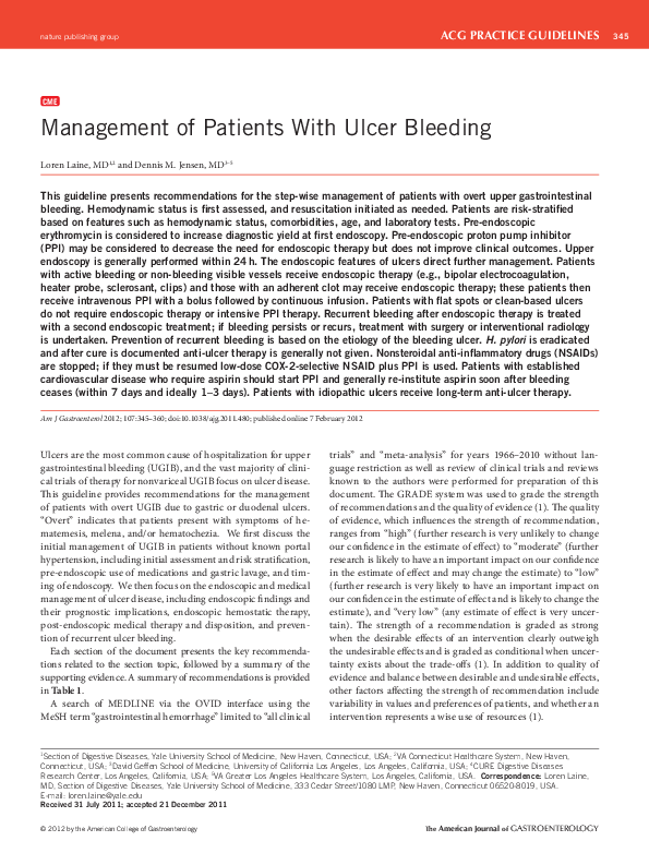 (PDF) ACG PRACTICE GUIDELINES Management of Patients With Ulcer Bleeding