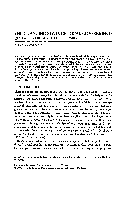 (PDF) THE CHANGING STATE OF LOCAL GOVERNMENT: RESTRUCTURING FOR THE 1990s