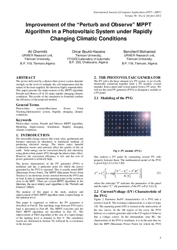 Pdf Improvement Of The Perturb And Observe” Mppt Algorithm In A Photovoltaic System Under