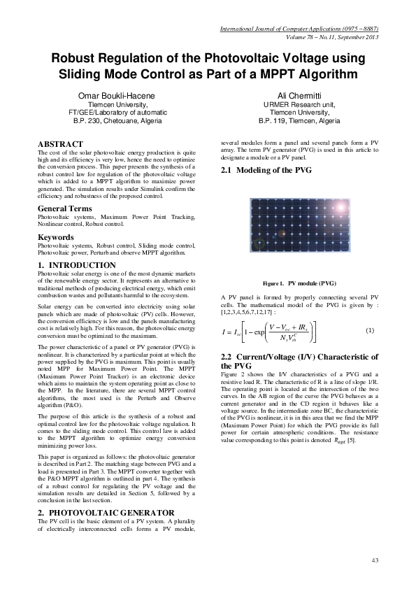 (PDF) Robust Regulation of the Photovoltaic Voltage using Sliding Mode ...