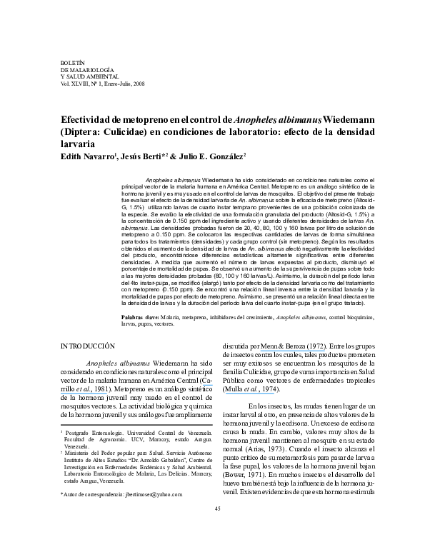 (PDF) Efectividad de metopreno en el control de Anopheles albimanus ...