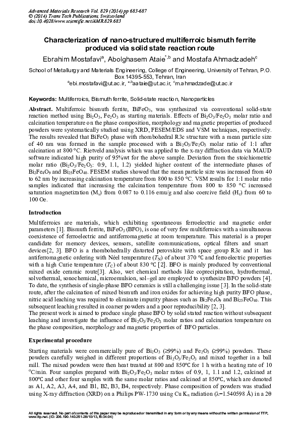 (PDF) Characterization of Nano-Structured Multiferroic Bismuth Ferrite Produced via Solid State ...