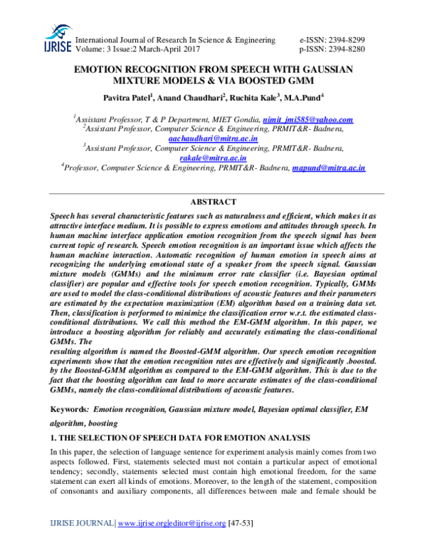 Pdf Emotion Recognition From Speech With Gaussian Mixture Models And Via Boosted Gmm
