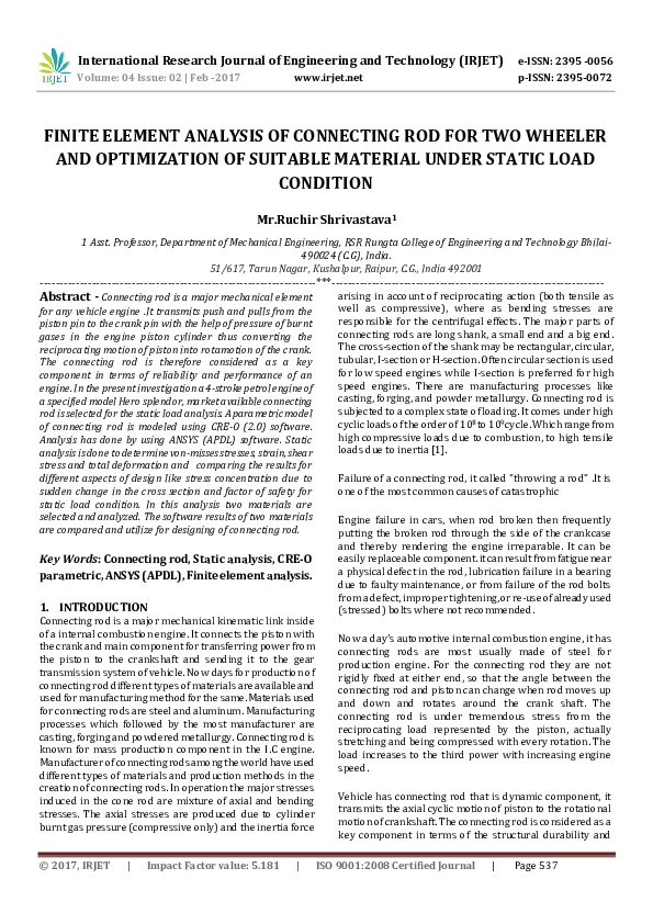 (PDF) IRJET-FINITE ELEMENT ANALYSIS OF CONNECTING ROD FOR TWO WHEELER AND OPTIMIZATION OF ...