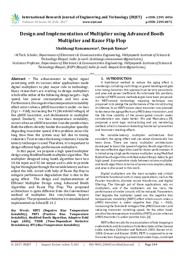 (PDF) IRJET-Design and Implementation of Multiplier using Advanced ...