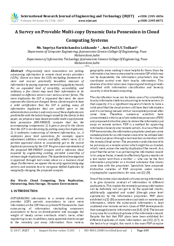 (PDF) IRJET-A Survey on Provable Multi-copy Dynamic Data Possession in Cloud Computing Systems