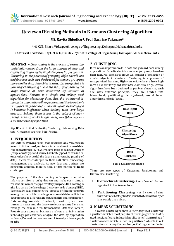 Pdf Irjet Review Of Existing Methods In K Means Clustering Algorithm