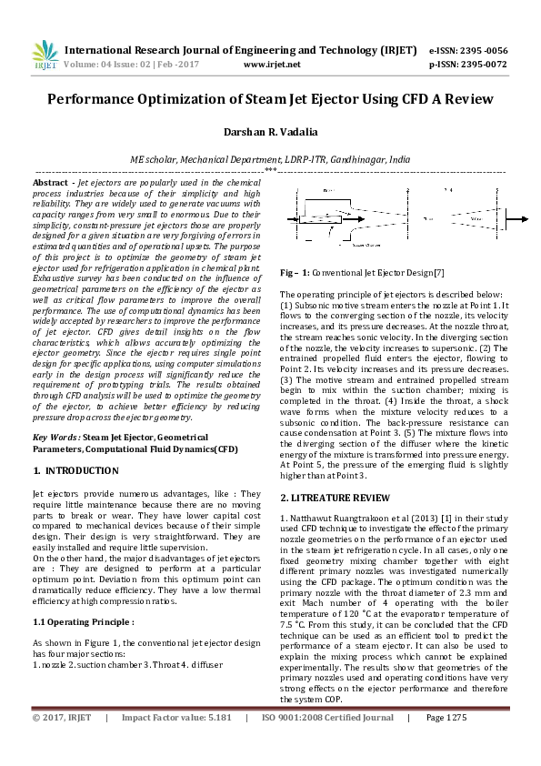 Pdf Irjet Performance Optimization Of Steam Jet Ejector Using Cfd A