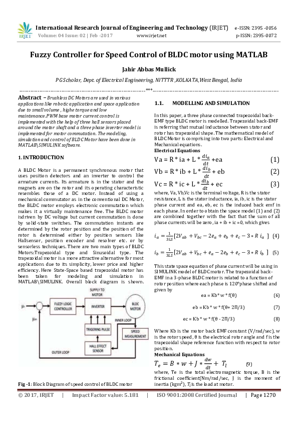 Pdf Irjet Fuzzy Controller For Speed Control Of Bldc Motor Using Matlab Irjet Journal