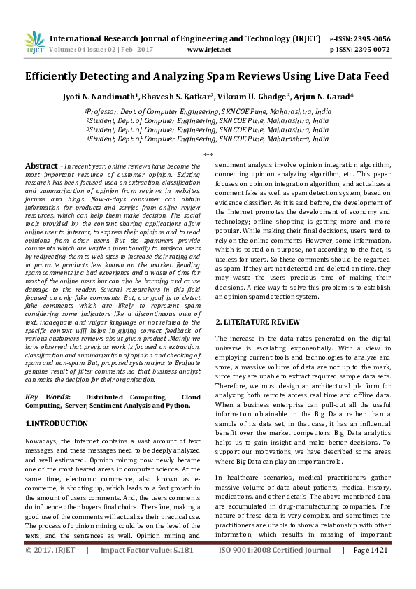 Pdf Irjet Efficiently Detecting And Analyzing Spam Reviews Using Live Data Feed