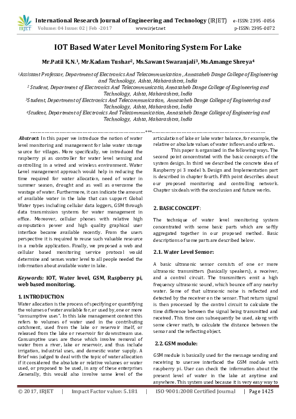 (PDF) IRJET-IOT Based Water Level Monitoring System For Lake