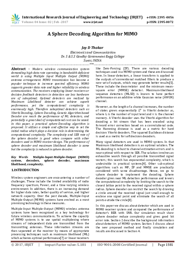 (PDF) IRJET-A Sphere Decoding Algorithm for MIMO (PDF) IRJET-A Sphere Decoding Algorithm for MIMO