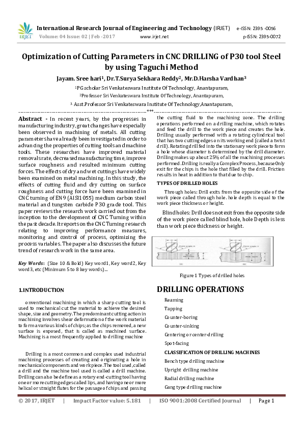 Pdf Irjet Optimization Of Cutting Parameters In Cnc Drilling Of P30