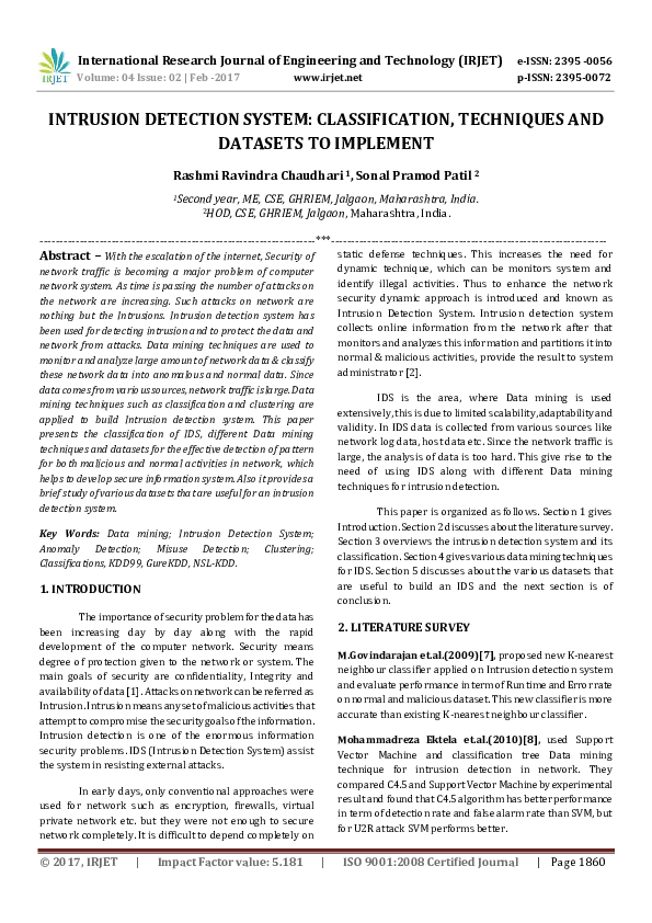 (PDF) IRJET-INTRUSION DETECTION SYSTEM: CLASSIFICATION, TECHNIQUES AND DATASETS TO IMPLEMENT