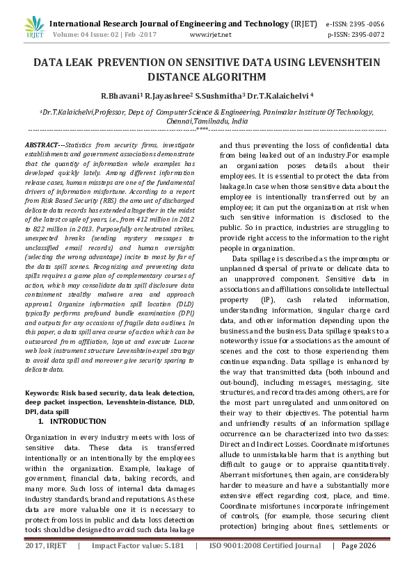 (PDF) IRJET-DATA LEAK PREVENTION ON SENSITIVE DATA USING LEVENSHTEIN DISTANCE ALGORITHM