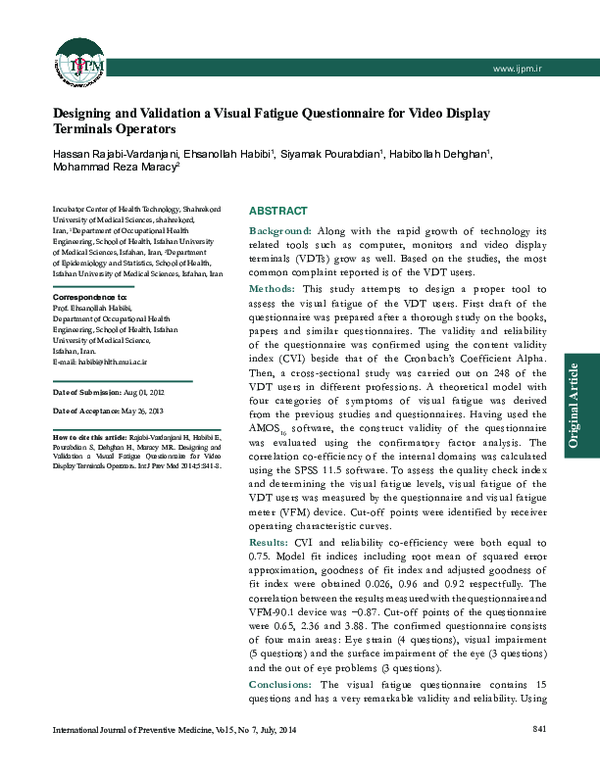 (PDF) Designing and validation a visual fatigue questionnaire for video ...