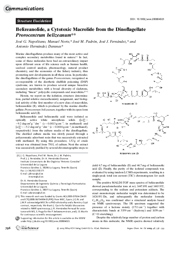 (PDF) Belizeanolide, a Cytotoxic Macrolide from the Dinoflagellate ...