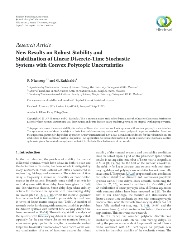(PDF) New Results on Robust Stability and Stabilization of Linear Discrete-Time Stochastic ...
