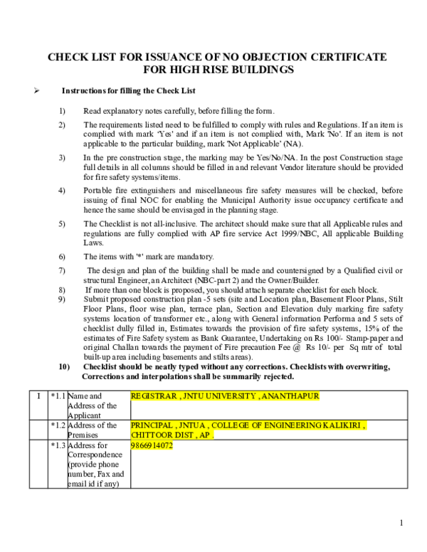 (DOC) CHECK LIST FOR ISSUANCE OF NO OBJECTION CERTIFICATE FOR HIGH RISE ...