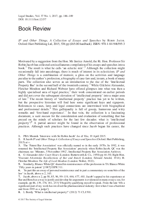 (PDF) 'Robin Jacob's IP and Other Things' Legal Studies, 2017, vol. 37 ...