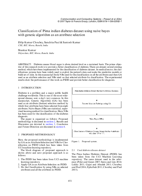 Pdf Classification Of Pima Indian Diabetes Dataset Using Naive Bayes With Genetic Algorithm As