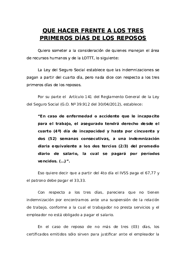 (DOC) QUE HACER FRENTE A LOS TRES PRIMEROS DÍAS DE LOS REPOSOS