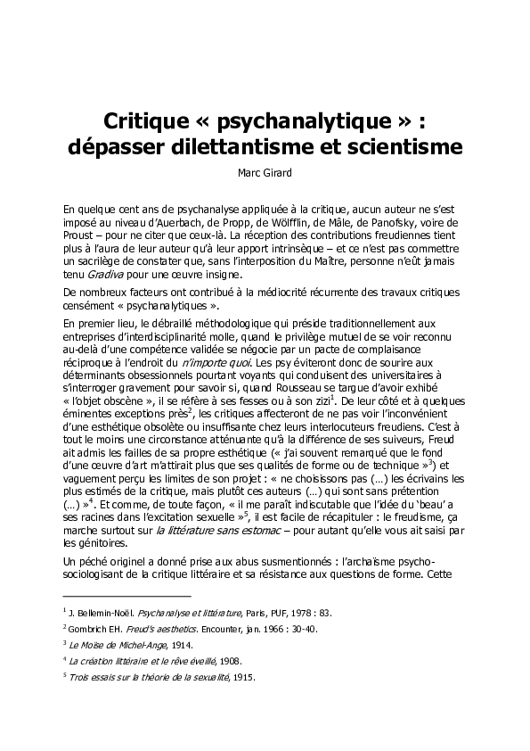 (PDF) Critique « psychanalytique » : dépasser dilettantisme et scientisme