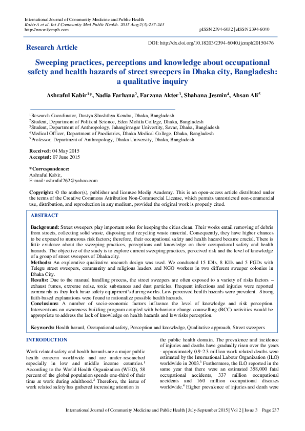 (PDF) Sweeping practices, perceptions and knowledge about occupational safety and health hazards ...