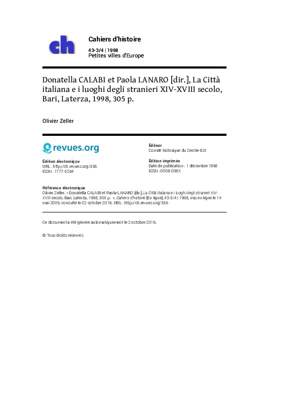 (PDF) Donatella CALABI et Paola LANARO [dir.], La Città italiana e i ...