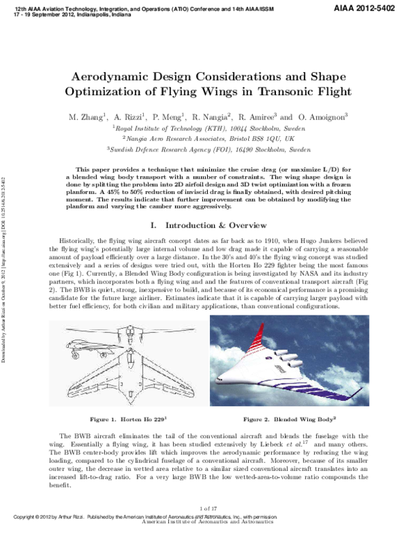 (PDF) Aerodynamic Design Considerations and Shape Optimization of Flying Wings in Transonic Flight