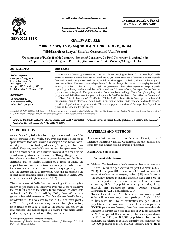 (PDF) CURRENT STATUS OF MAJOR HEALTH PROBLEMS OF INDIA