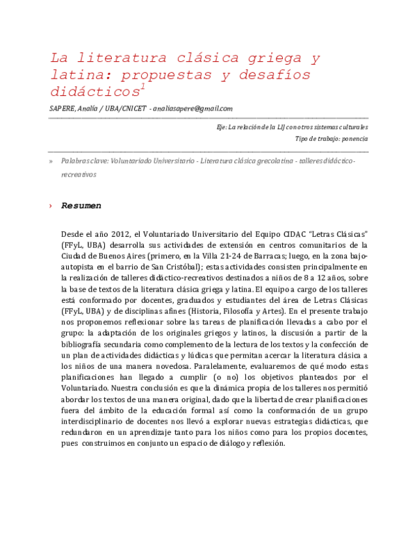 (PDF) La literatura clásica griega y latina: propuestas y desafíos didácticos