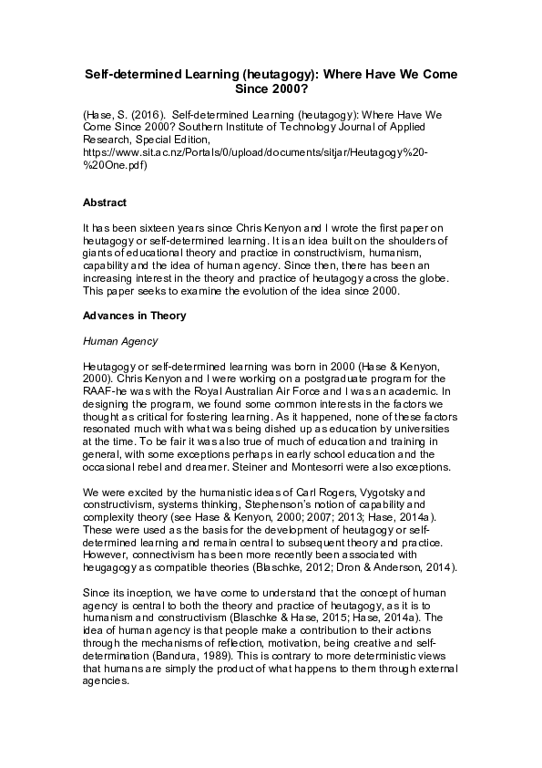 (PDF) Self-determined Learning (heutagogy): Where Have We Come Since 2000