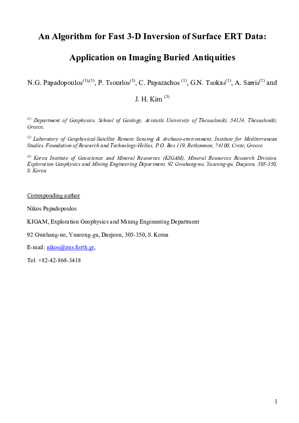 (PDF) An Algorithm for Fast 3-D Inversion of Surface ERT Data: Application on Imaging Buried ...