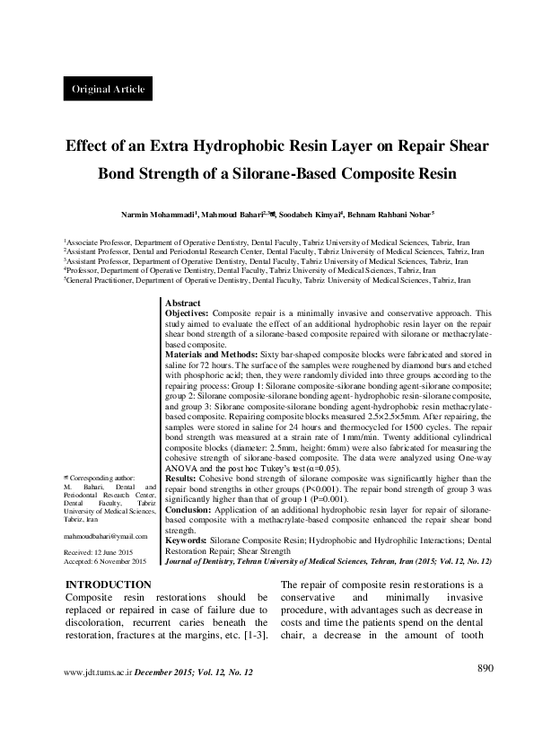 Pdf Effect Of An Extra Hydrophobic Resin Layer On Repair Shear Bond Strength Of A Silorane