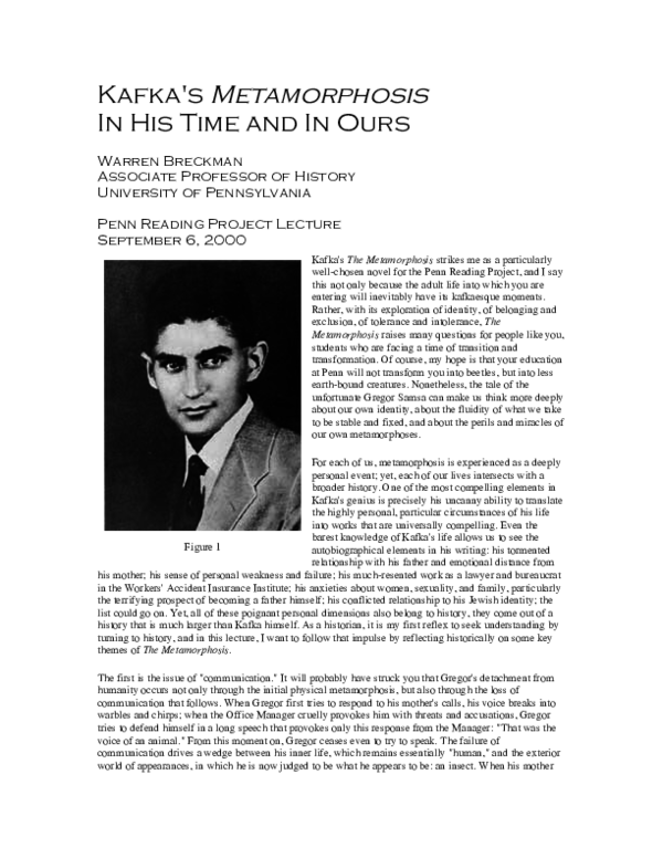 (PDF) Kafka's Metamorphosis In His Time and In Ours