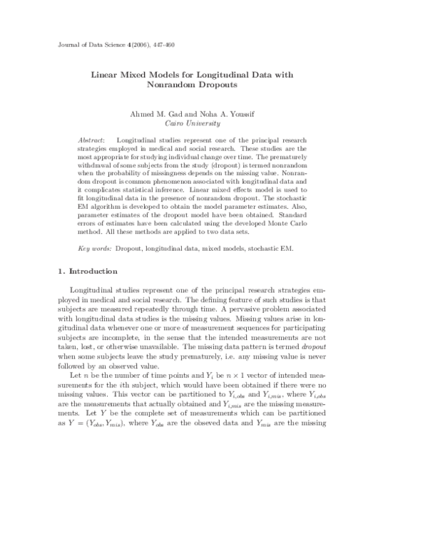 (PDF) Linear Mixed Models for Longitudinal Data with Nonrandom Dropouts