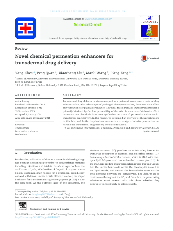 (PDF) Novel chemical permeation enhancers for transdermal drug delivery